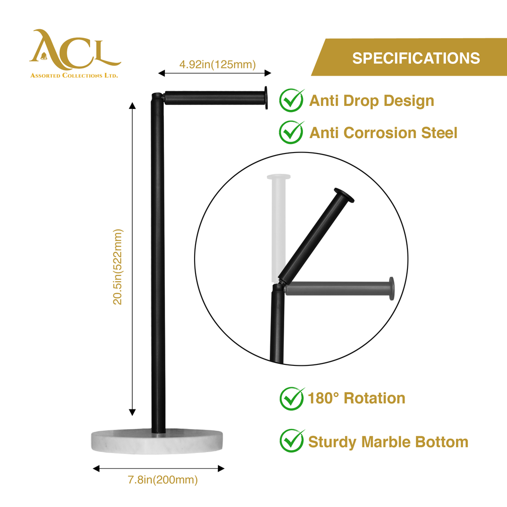 ACL Toilet Roll Holder - Modern Black Metal Stand with Round Marble Ba ...