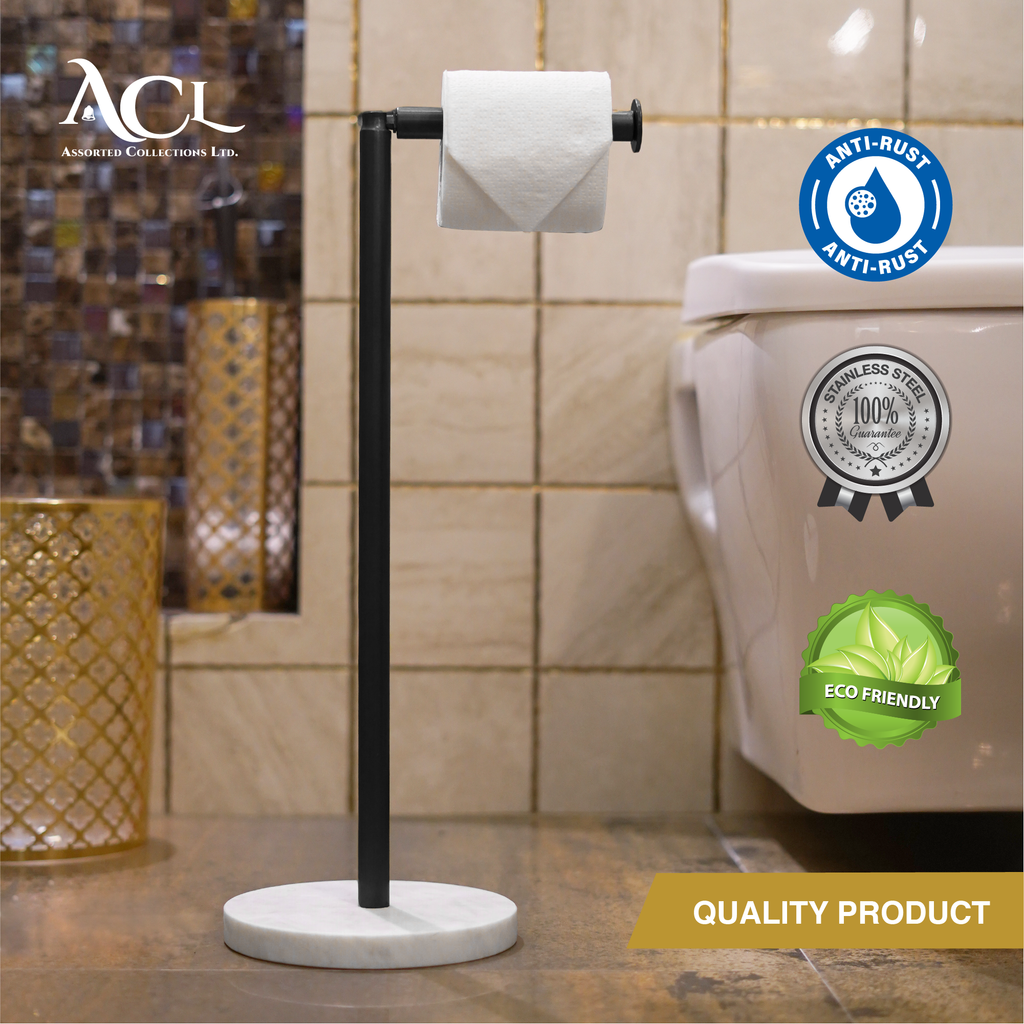 ACL Toilet Roll Holder - Modern Black Metal Stand with Round Marble Ba ...